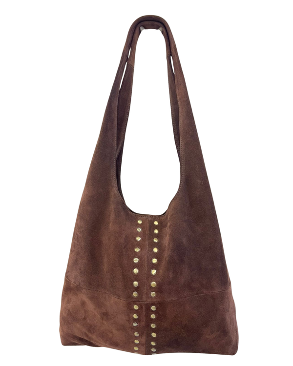 Boho Suede Studded Slouch Bag - Chocolate Row of Studs – Forever Wild